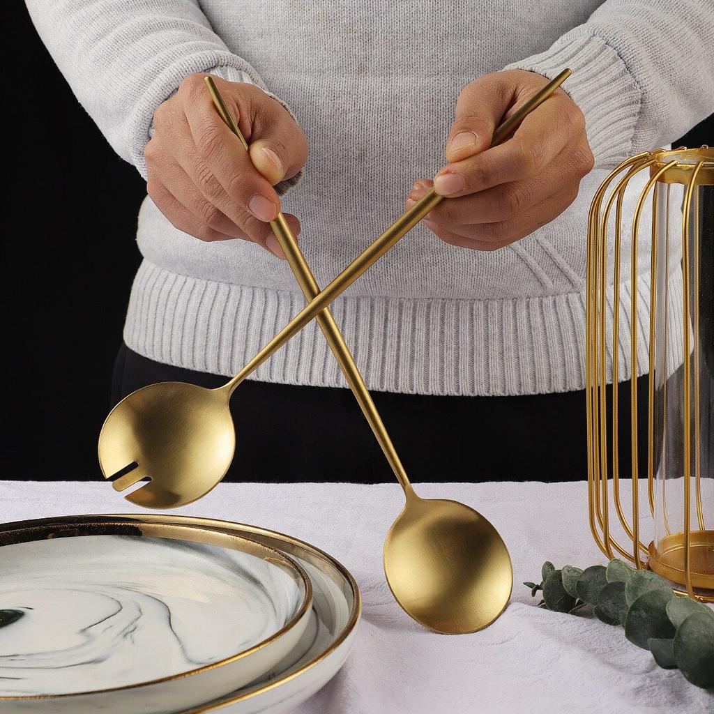 2Pcs Gilded Salad Distributing Dishes Cutlery Set Fork Spoon Set ...
