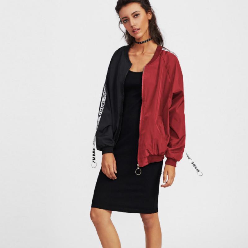Buy Women Patch Back Ribbon Detail Two Tone Bomber Jacket at affordable ...