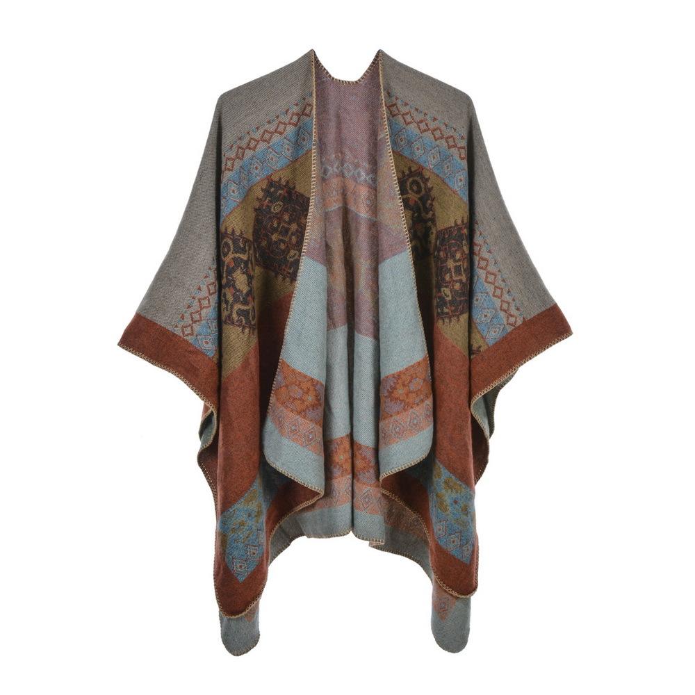 Women's Cape Shawl Autumn And Winter Retro Split Warm Faux Cashmere ...