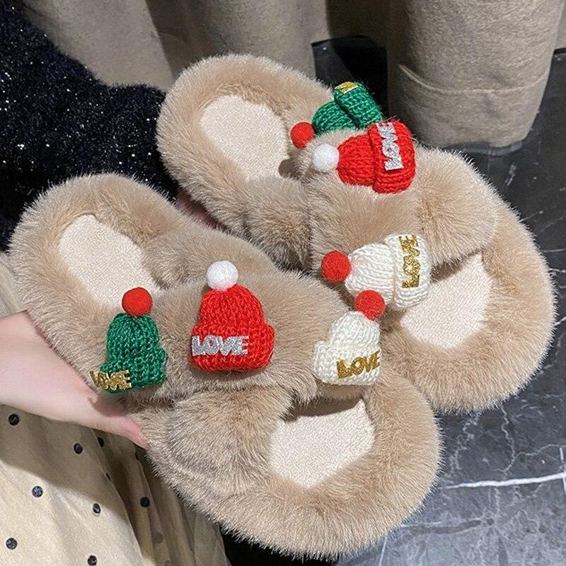 💰Kjøp Cute Women Cross Design Fur Slippers Plush Soft Luxurious Indoor ...