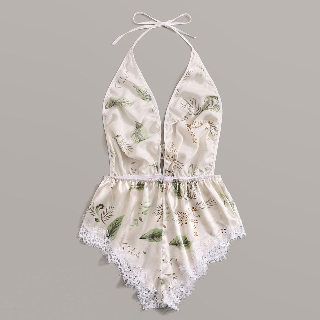 Buy Women Fashion Printing Lace Stain Bow Lingerie Backless Pajamas ...