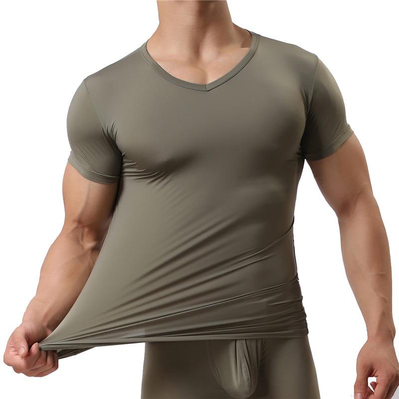 Buy Man Undershirt Ice Silk Spandex Sheer T Shirts Male Nylon V-neck ...