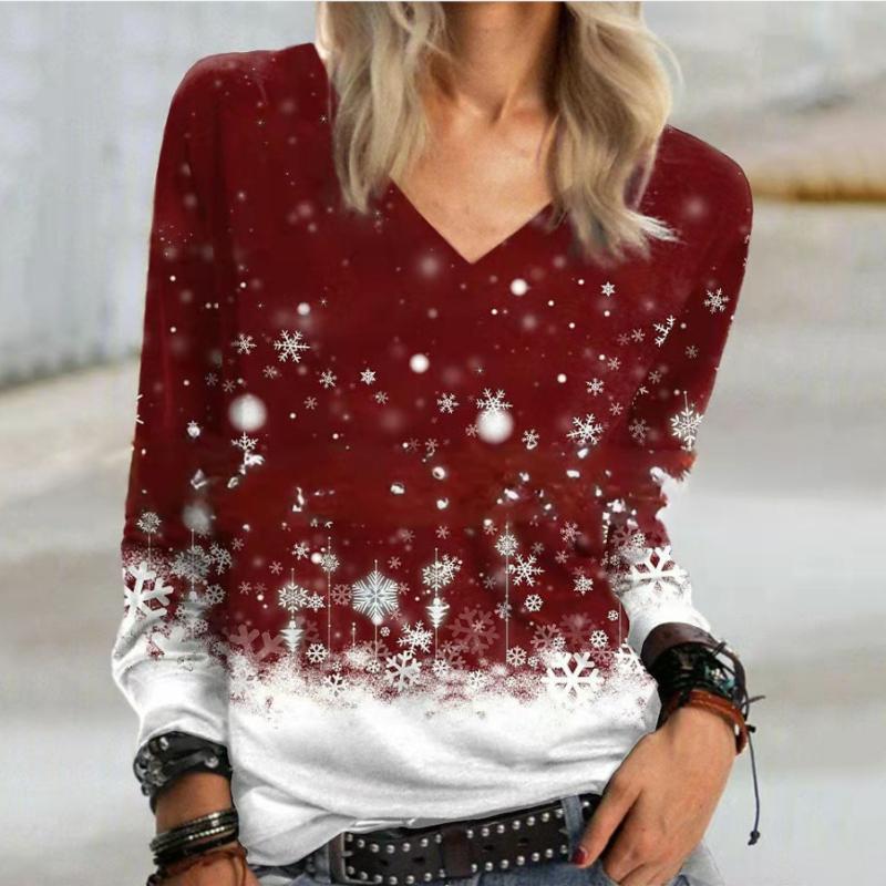 3D Print Christmas Snowflakes T-shirts Ladies Tops Long Sleeve V-neck ...