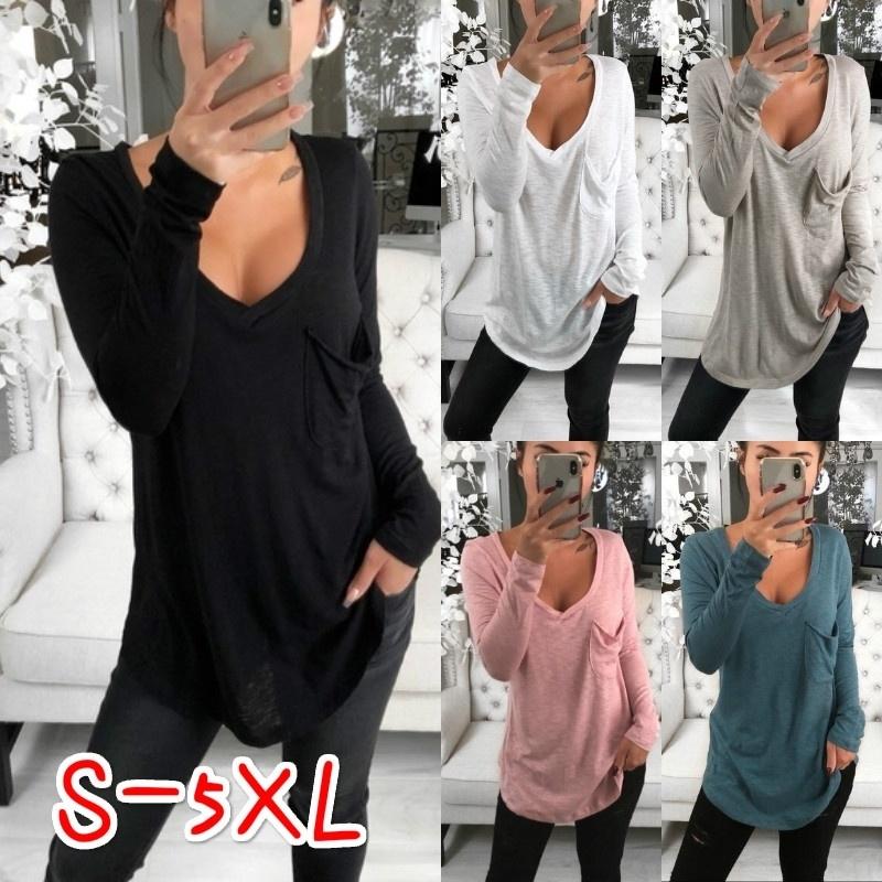 Buy Women's Fashion Pattern Sexy Long Sleeve Low Cut T-shirt Casual ...