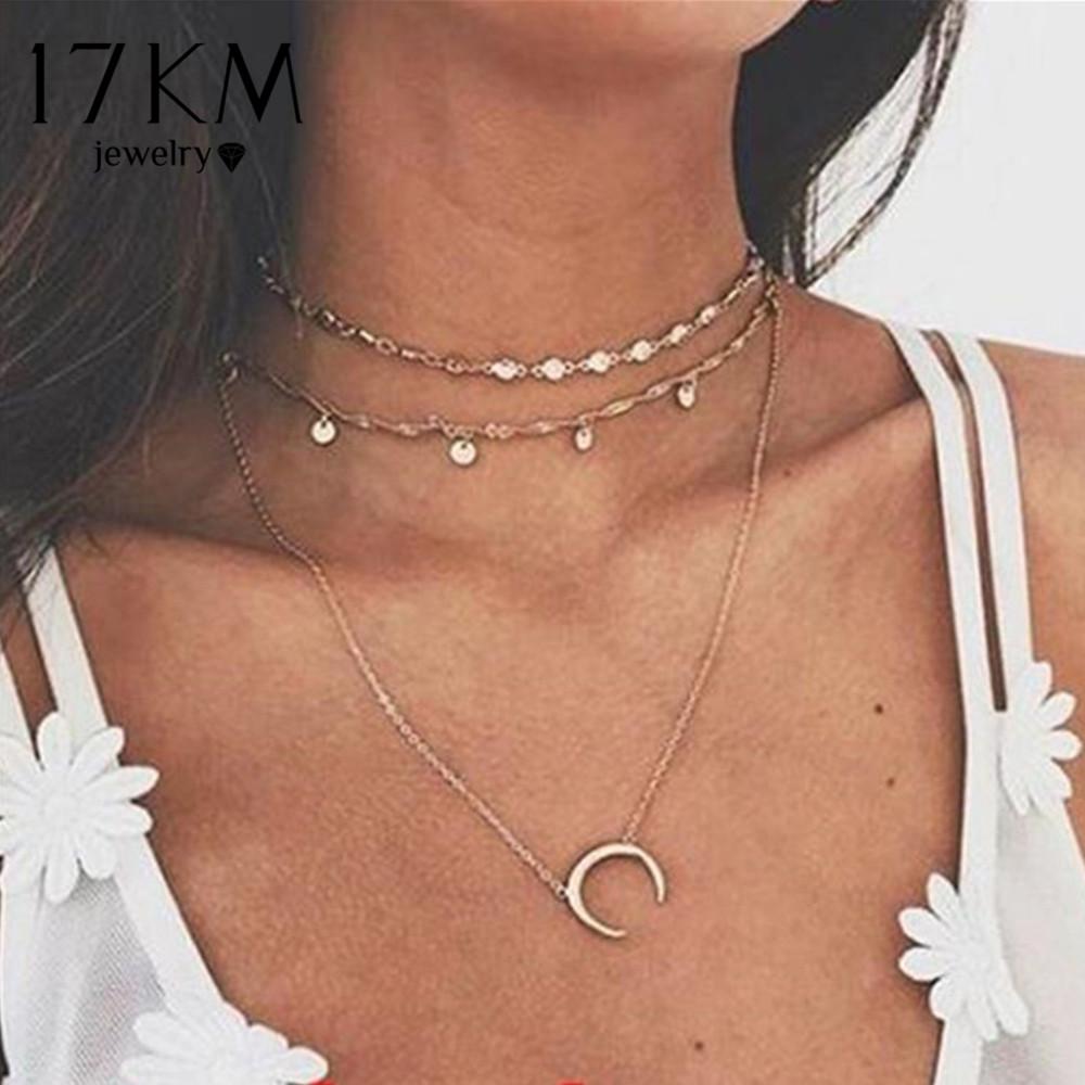 17KM Vintage Multilayer Moon Pendant For Women Chain Charm Choker ...