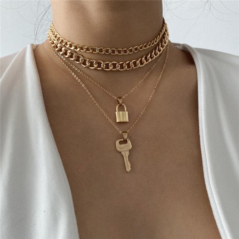 Multilayer Chain Lock Key Pendant Necklace for Women Girl Clavicle ...