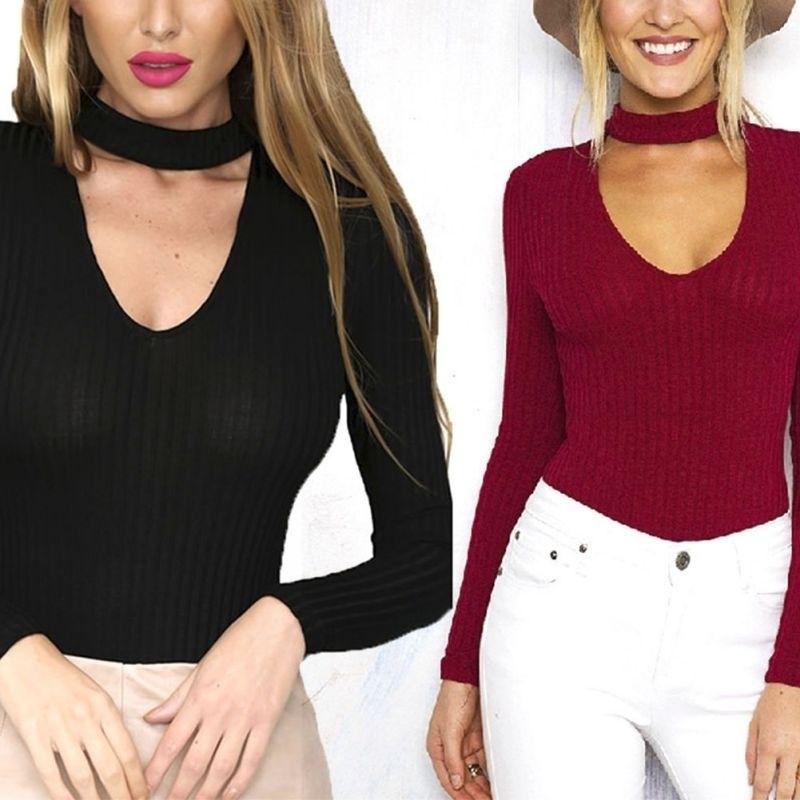 Buy Women Knitted Sweater Halter Elastic Pullover Female Slim V-Neck ...