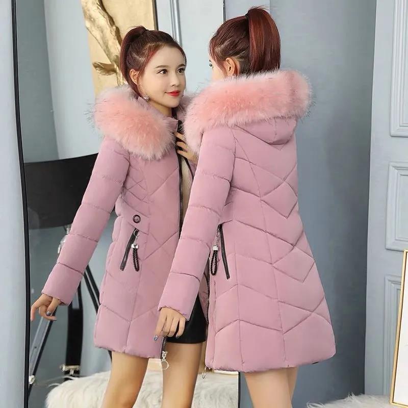 Buy Winter Down Jacket Ladies Thick Fashion Slim Cotton Jacket Mid-length Hooded Big Fur Collar ...