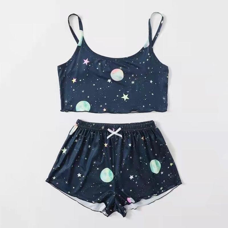 Buy Spaghetti Strap Cute Print Pajama Set Sleeveless Sleep Shorts Set ...