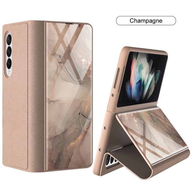 Buy Tempered Glass Leather Fold Case for Samsung Z Fold 3 5G Luxury ...