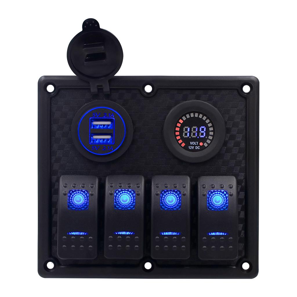LED 4 Gang Blue Rocker Switch Panel USB Charger Car Race Boat Auto ...