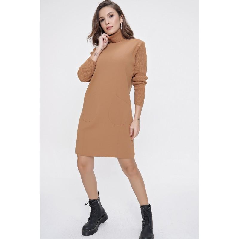 Buy Turtleneck Acrylic Knitwear Tunic Dress With Pocket Pocket at ...