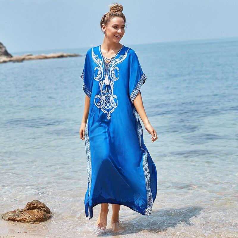 Buy Bohemian Embroidered Kaftan Beach Dress Women Blue Long Cotton Side ...