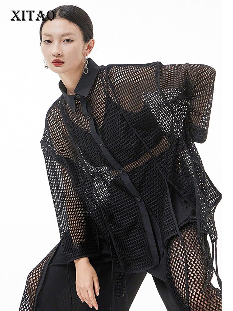 Купити Xitao Модна сітчаста сорочка суцільного кольору Зрощування Простота літо Нові жінки