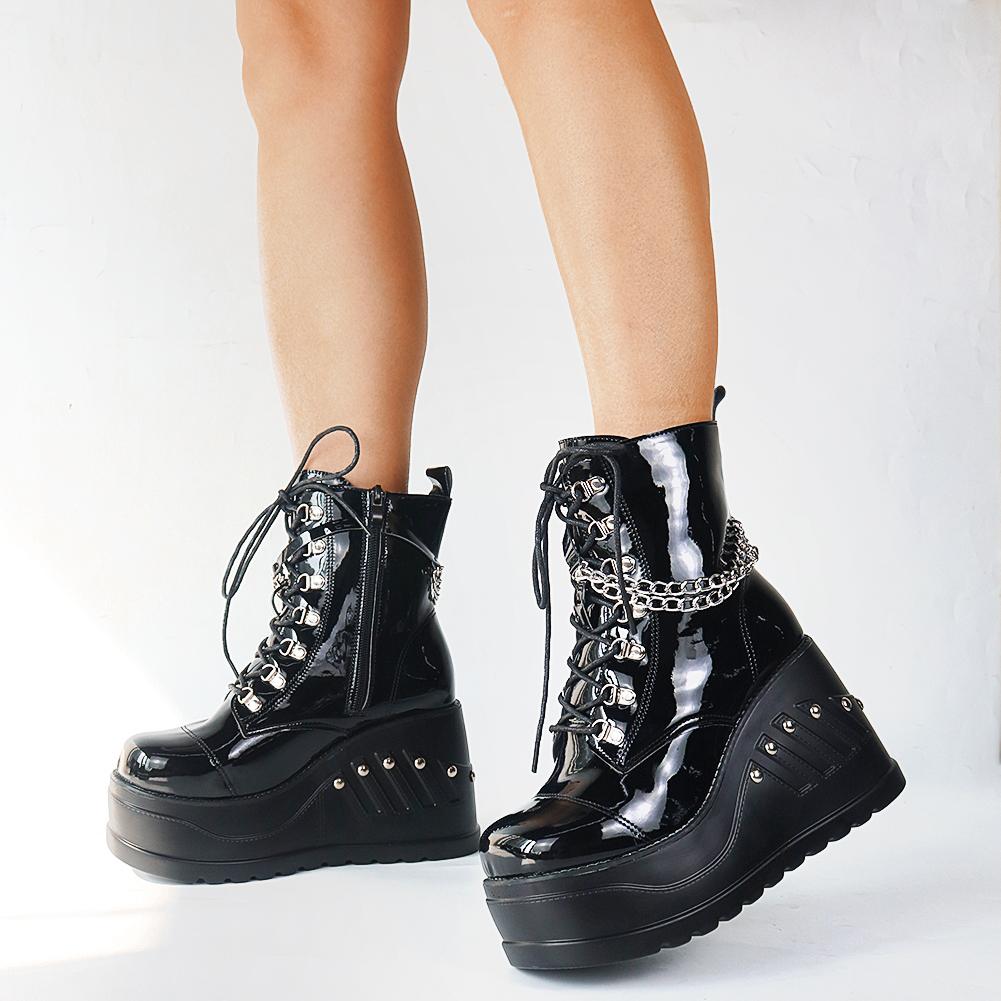 Brand Punk Goth Platform Motorcycle boots Wedges Women's Boot Lace Up ...