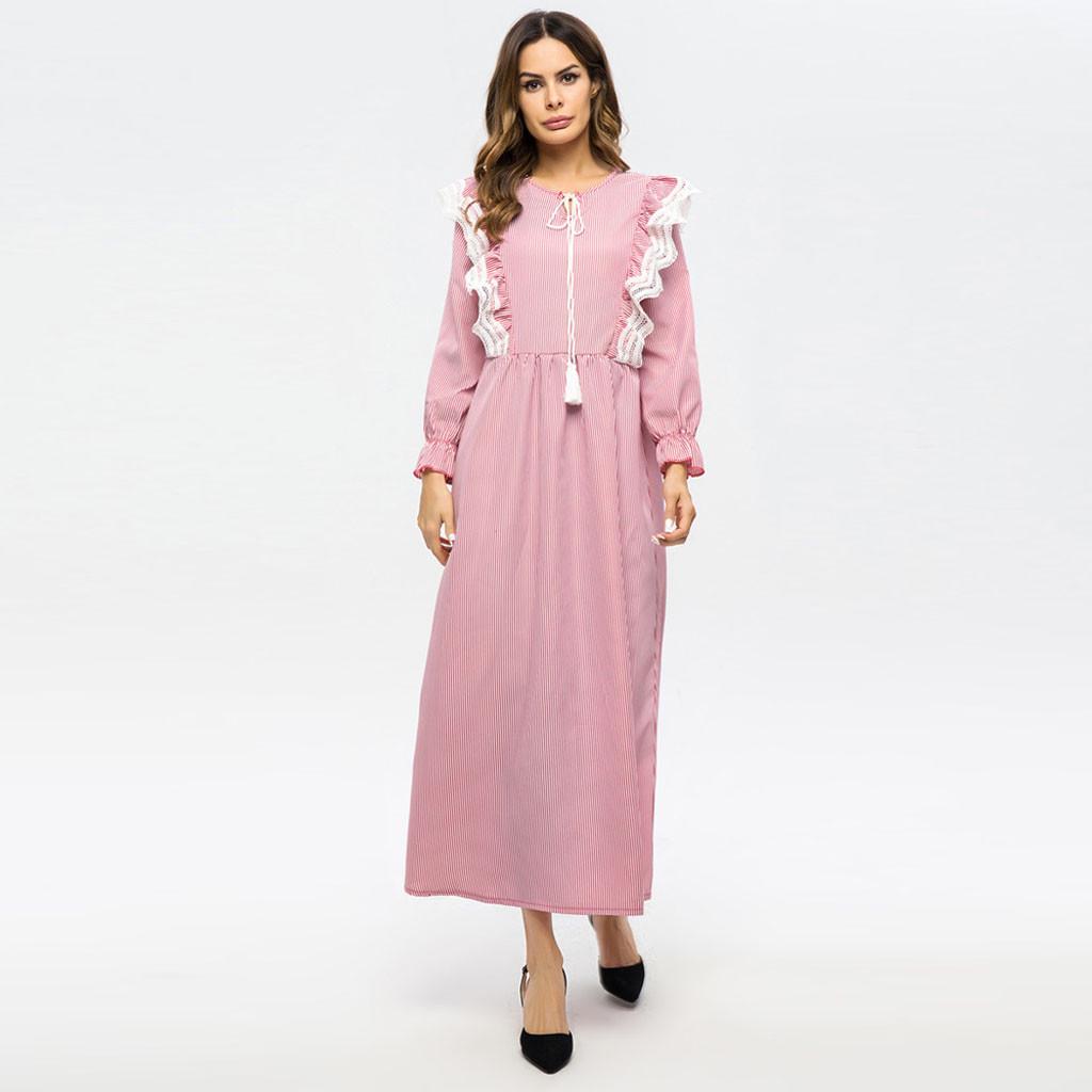 Women Striped Lace Abaya Islamic Muslim Dresses Floral Kaftan Turkish ...