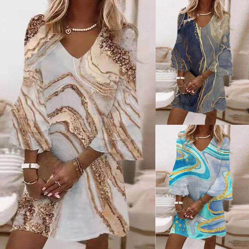 Cheap Prom Dress Print Ruffles Marble Print Beautly Ruffles Womens ...