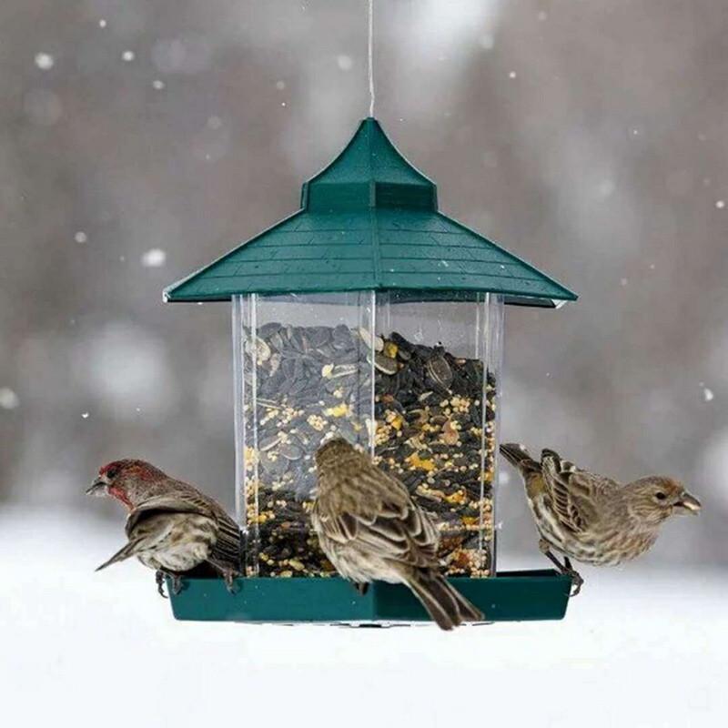 Green Bird Feeder Plastic Hanging Bird Food Box Outdoor Waterproof Pet ...