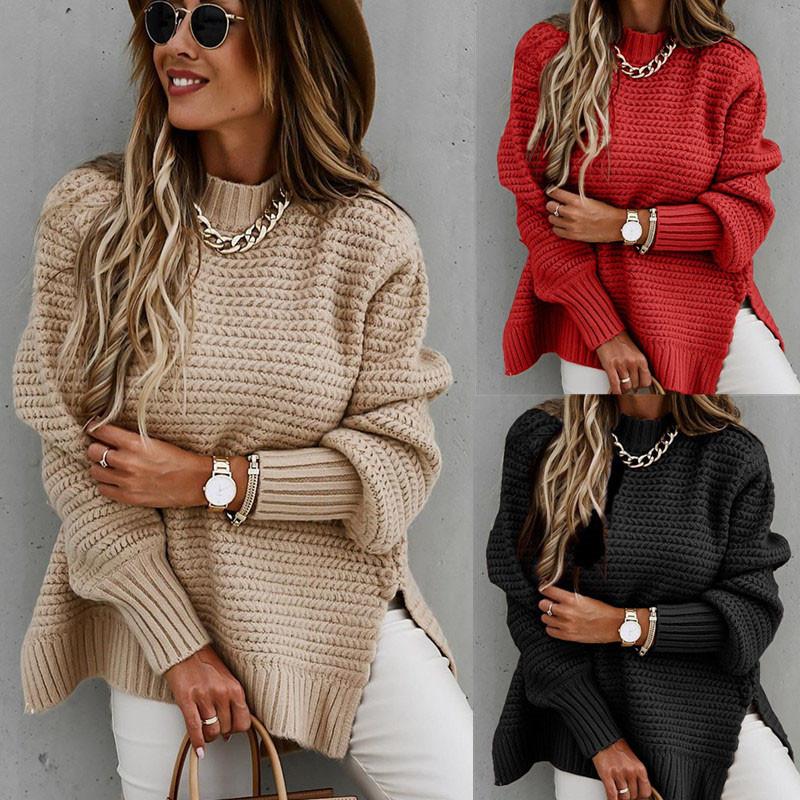 Buy Women Knitted Sweater Solid Color Half High Neck Long Sleeve