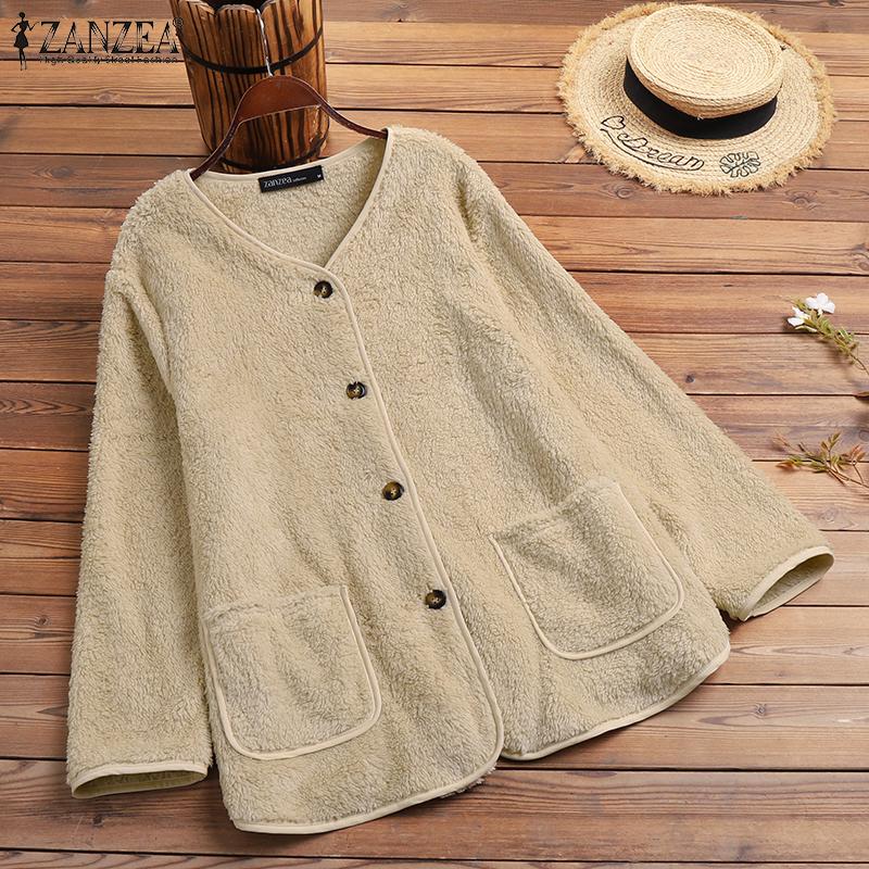 ZANZEA Women Spring Fleece Coat Button O-neck Long Sleeve Cardigan ...