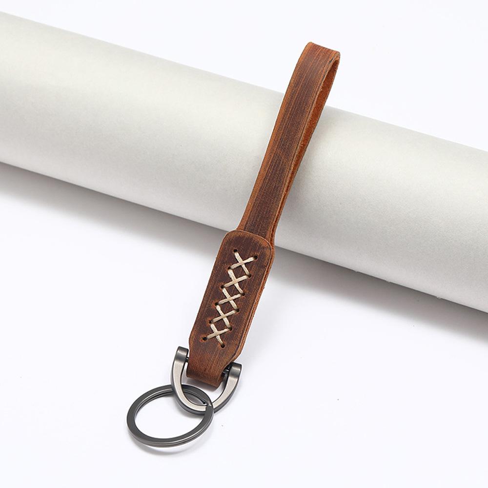 Buy Double Layer Hand-stitched Cowhide Leather Keychain Simple Small ...