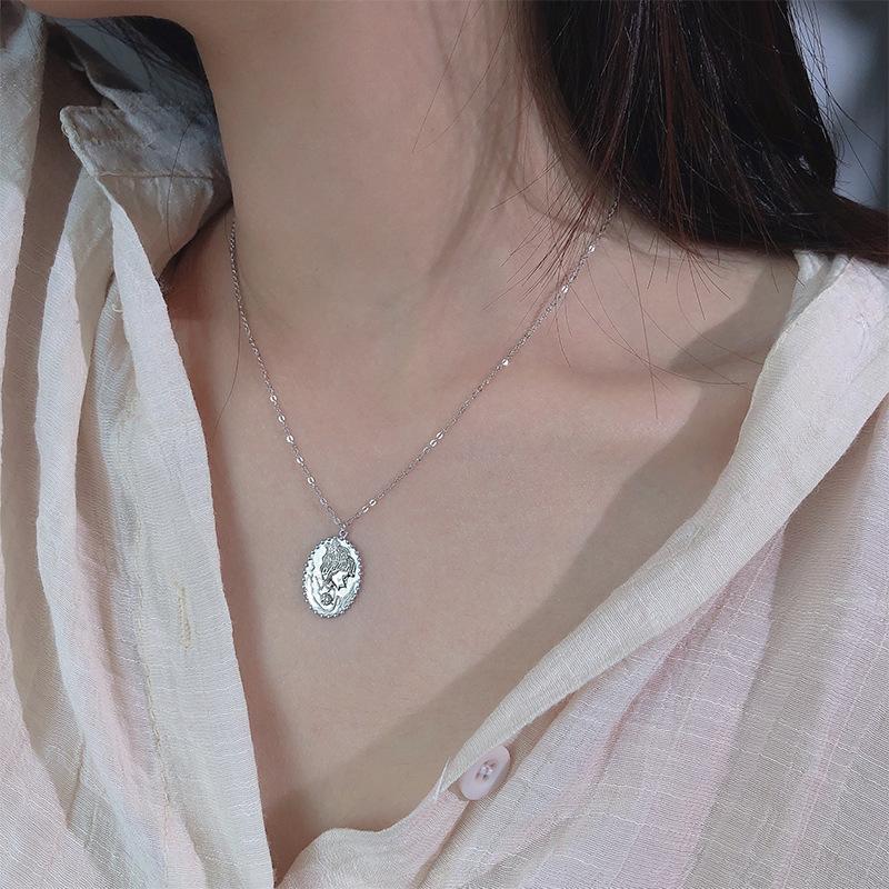 Buy S925 Sterling Silver Coin Necklace Women's Trendy Retro Round Card ...