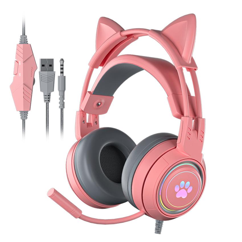 Buy Pink Cat Ear Gaming Headset RGB Light PC Wired Stereo Headphones ...