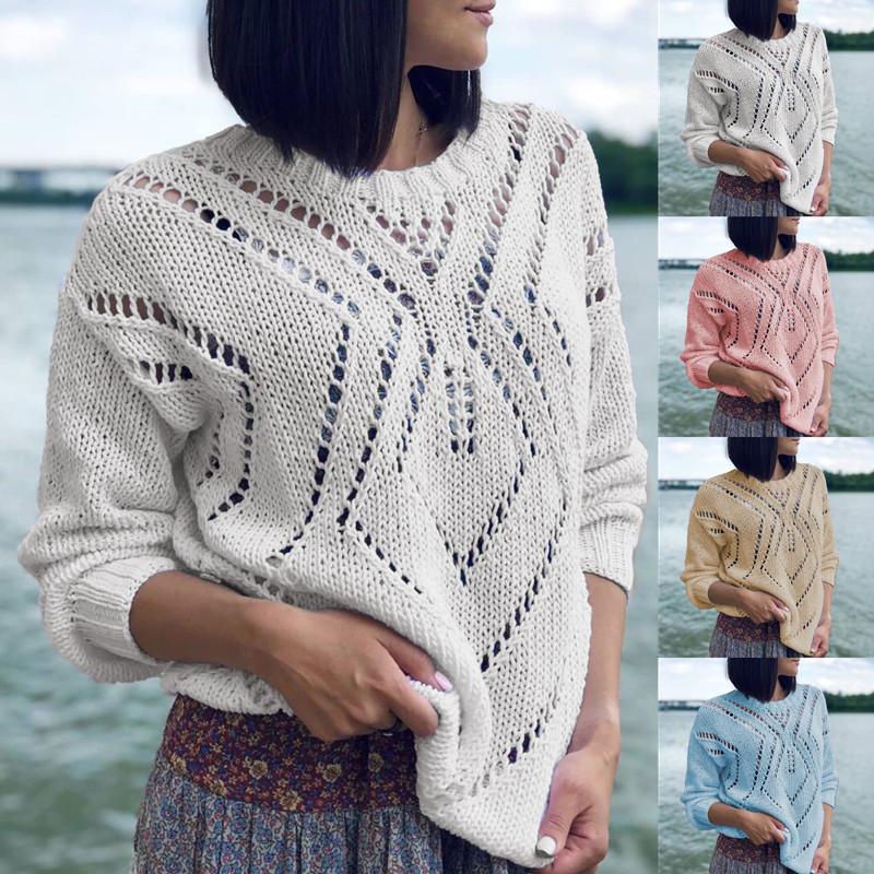 Buy Womens Leisure Rhombus Hollow Round Neck Long Sleeve Knitted Pullover Sweater at affordable ...