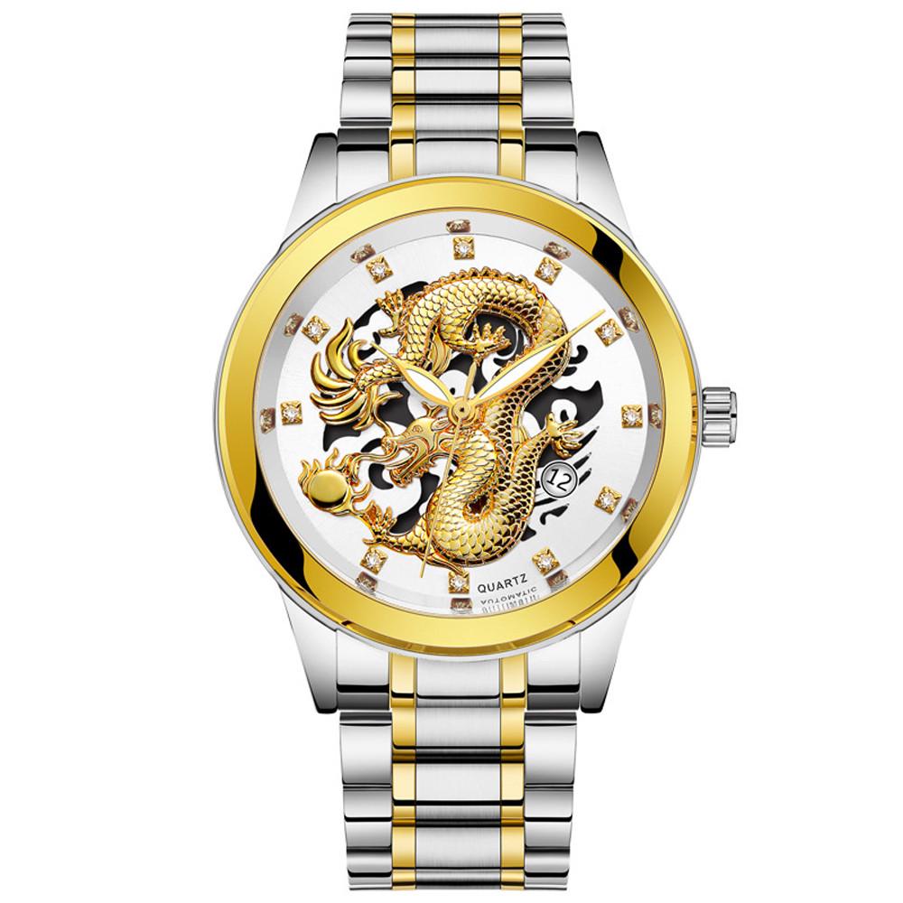 Buy Waterproof Mens Gold Dragon Sculpture Quartz Watch Luxury Men Steel ...