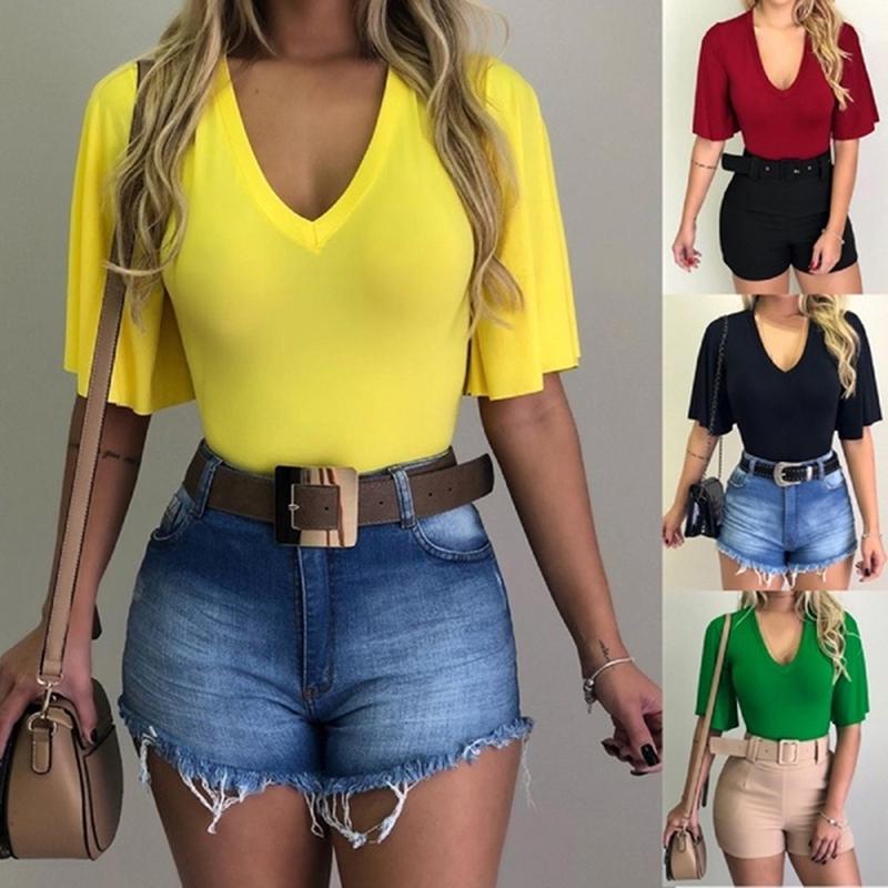 Deep V Neck Solid Color Tank Top Causal Middle Sleeve Waist Collect ...