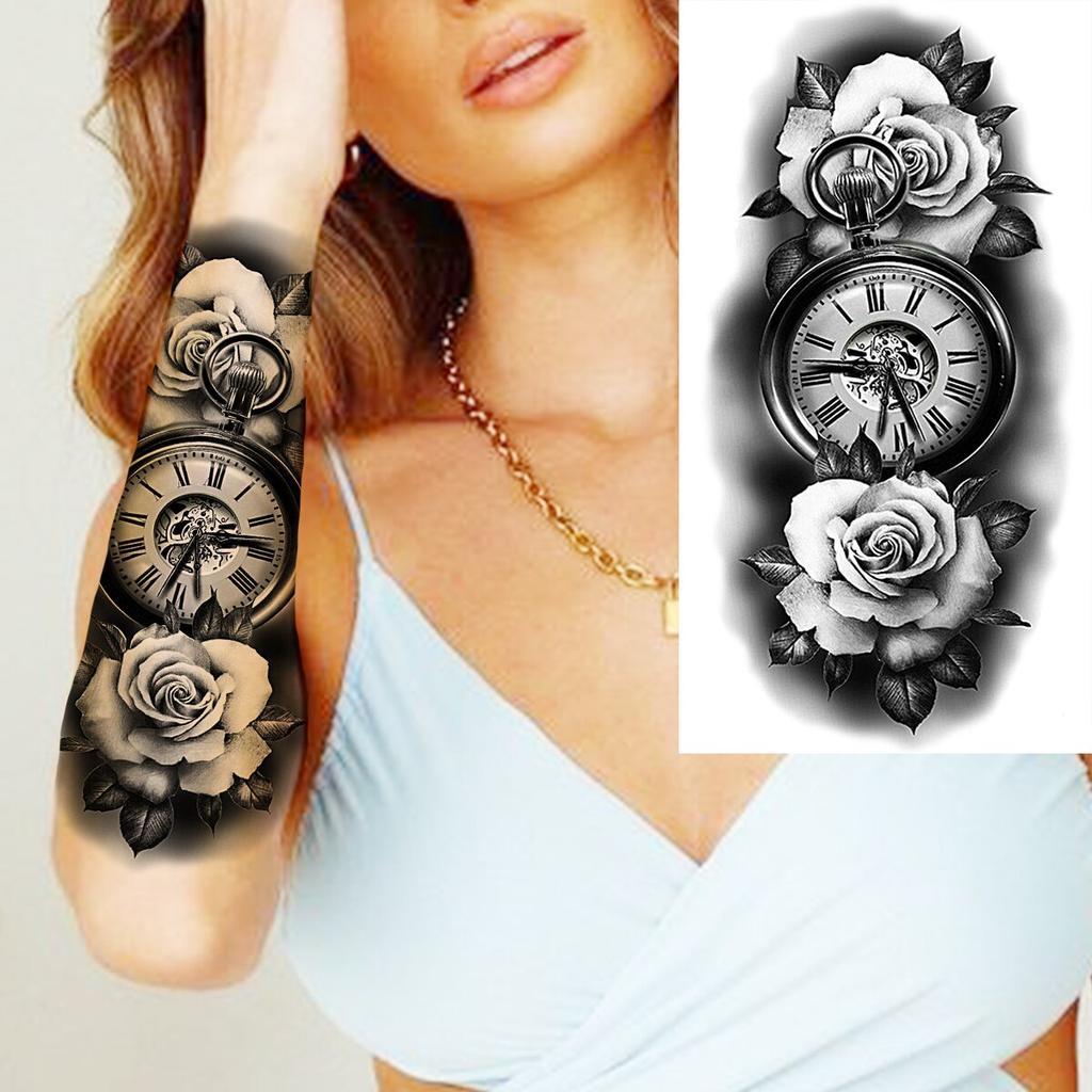 Black Scary Rose Flower Gangster Temporary Tattoos For Women Men Wolf Lion Pirate Skull Fake ...