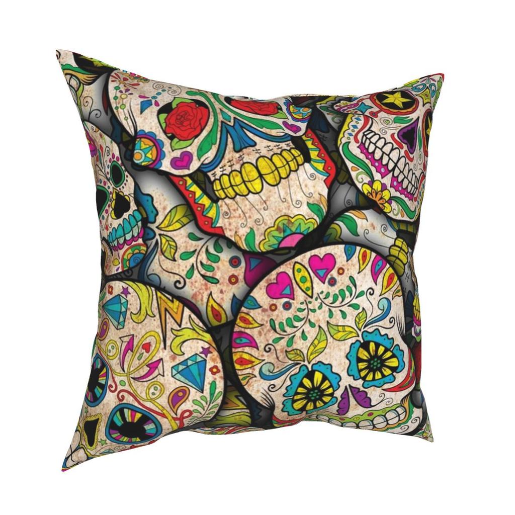 Sugar Skull Collage Throw Pillow Cover Cushions for Sofa Halloween Day ...