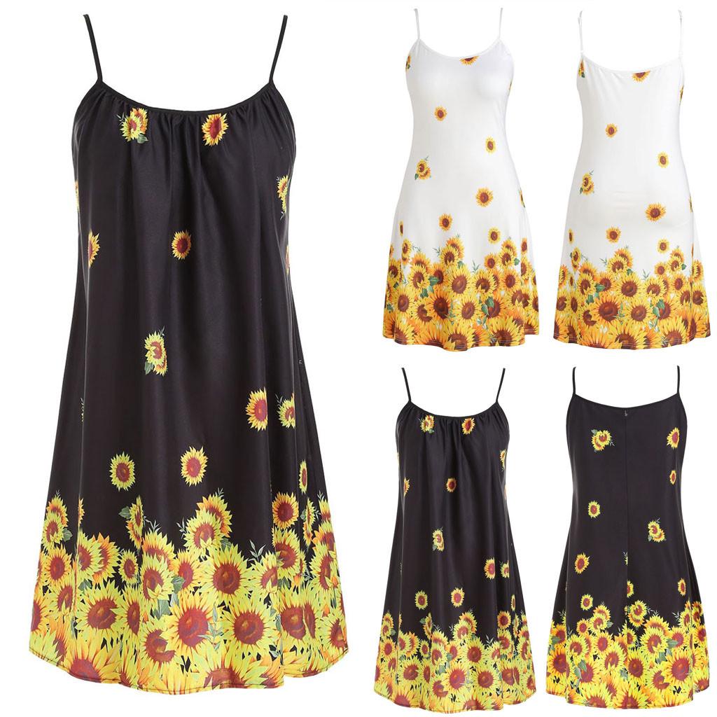 Women Fashion Sleeveless Sunflower Print Cami Mini Dress Boho SunDress ...