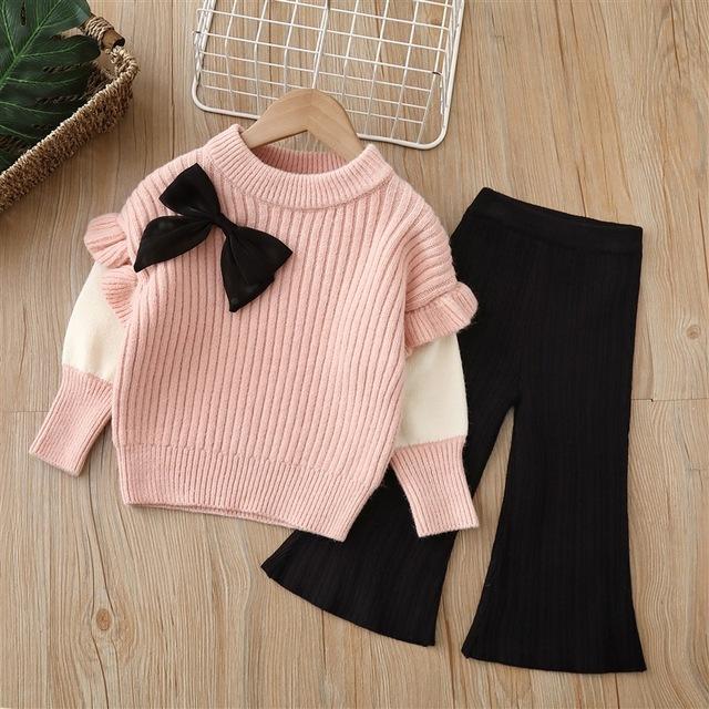 Buy Girl Clothes Winter Fashion Knitted Suit Bow Knitted Sweater Pants ...