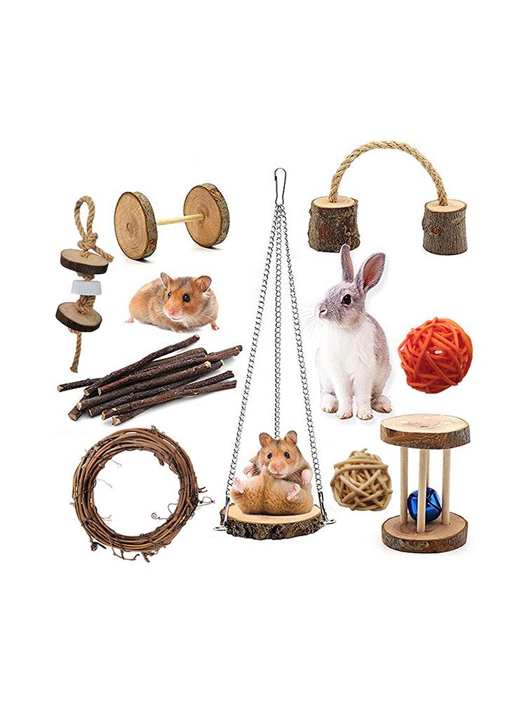 Buy 9pcs Wooden Rabbits Pets Toys Pine Dumbbells Bicycle Bell Roller ...