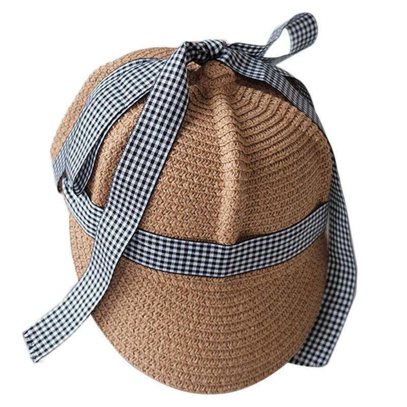 Buy Kids Summer Woven Straw Baseball Cap Sweet Plaid Ribbon Bow ...