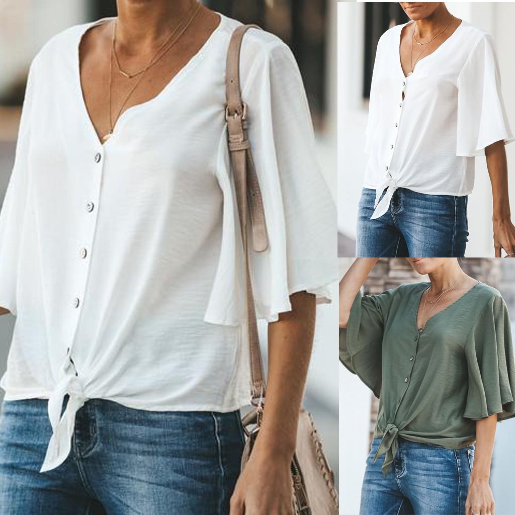 Buy Women Solid Color Button Bind V-neck Sexy Casual Top at affordable ...