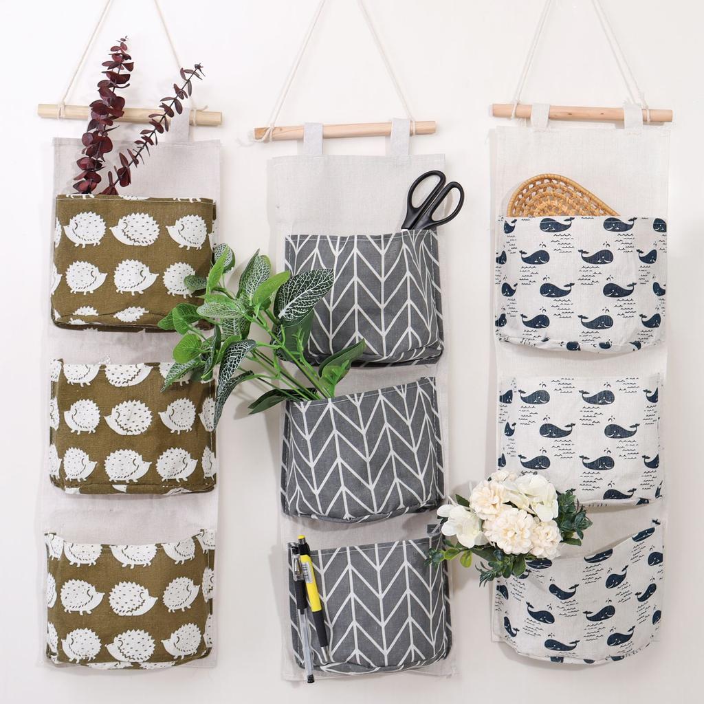 Buy Wall Hanging Storage Bag Fabric Pouch 3 Pockets Multilayer Closet ...