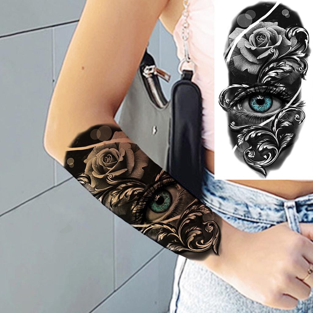 Black Scary Rose Flower Gangster Temporary Tattoos For Women Men Wolf Lion Pirate Skull Fake ...