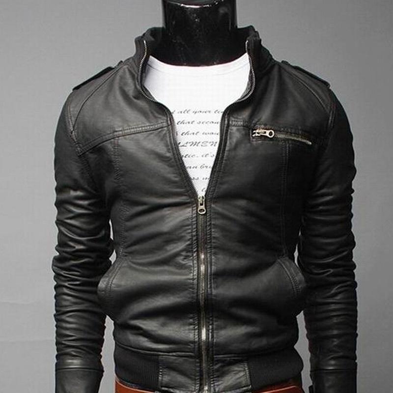 Buy Fashion Autumn Spring Men Solid Color Stand Collar Cool Leather ...