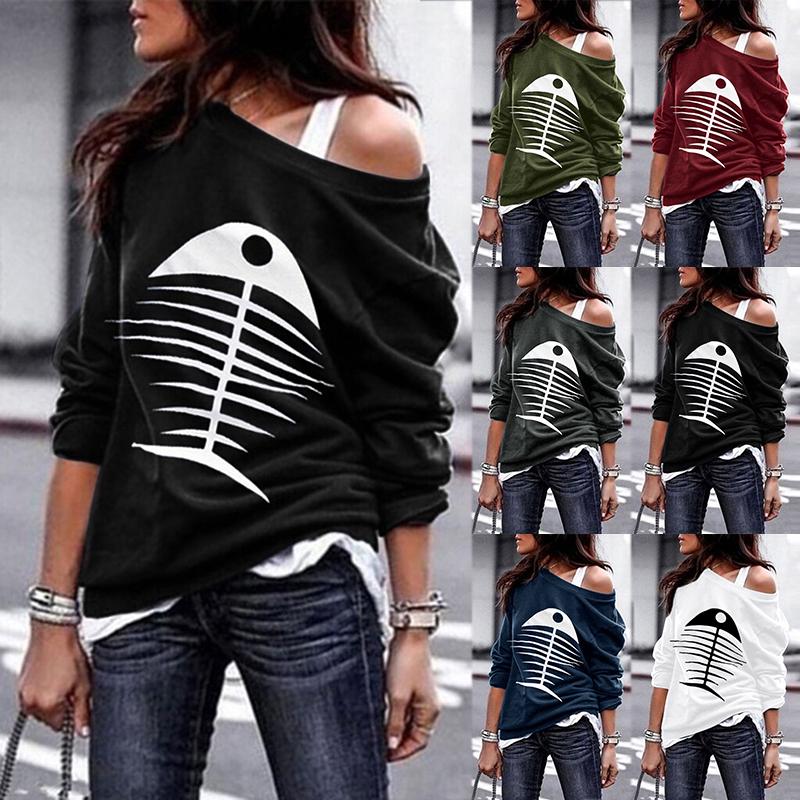 Women Fashion Spring Autumn Long Sleeve Off Shoulder Fishbone Print ...