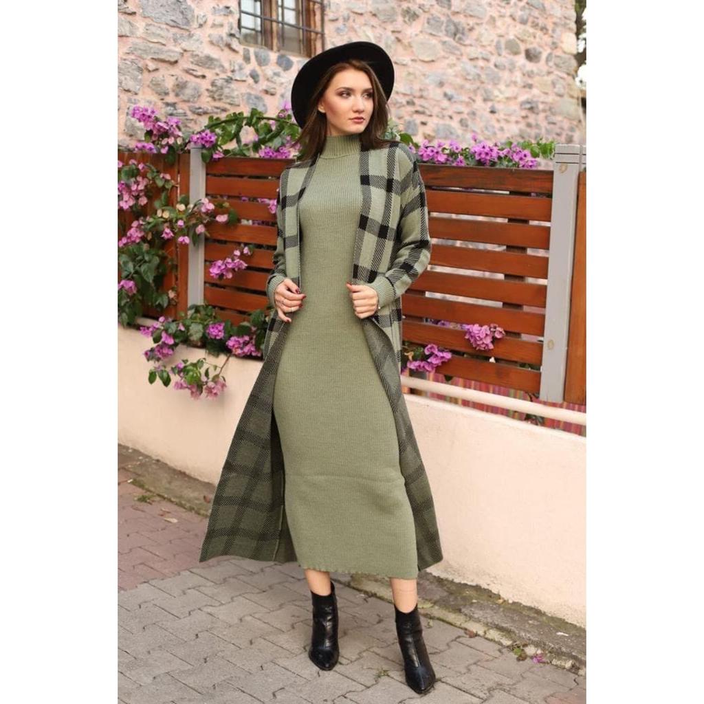 Buy Two Piece Muslim Sets Patterned Knitwear Dress and Cardigan Abaya ...
