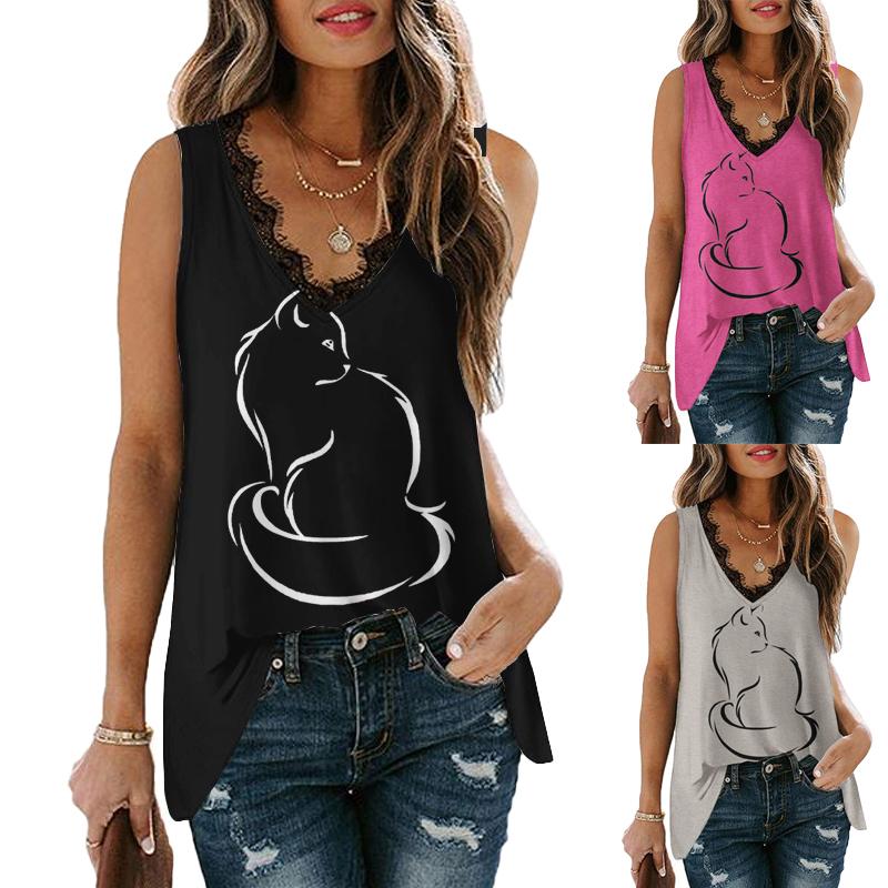 Satın alın Fashion Women V-Neck Lace Cat Top Trim Lightweight Blouse Plus Size XS-6XL | Joom