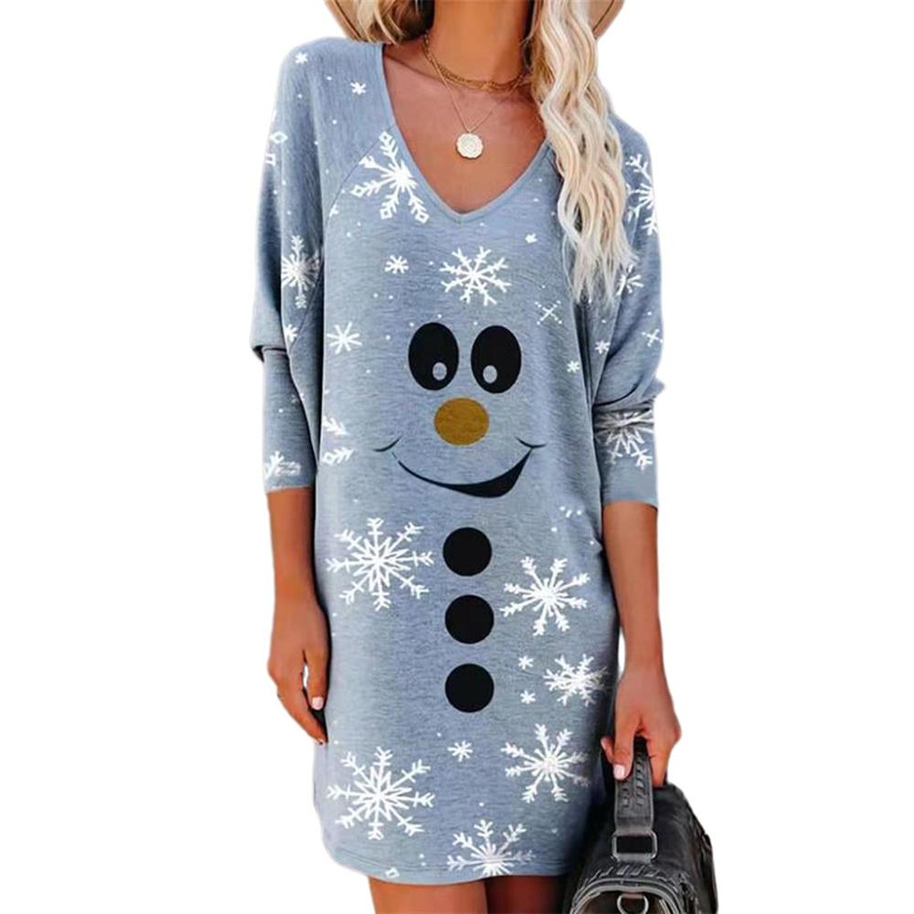 Buy Christmas Snowflake Printed V Neck Dress Women Xmas Snowman Long ...
