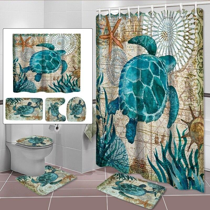 Buy 4 In 1 Bathroom Set 180*180CM Sea Turtles Waterproof Shower Curtain ...