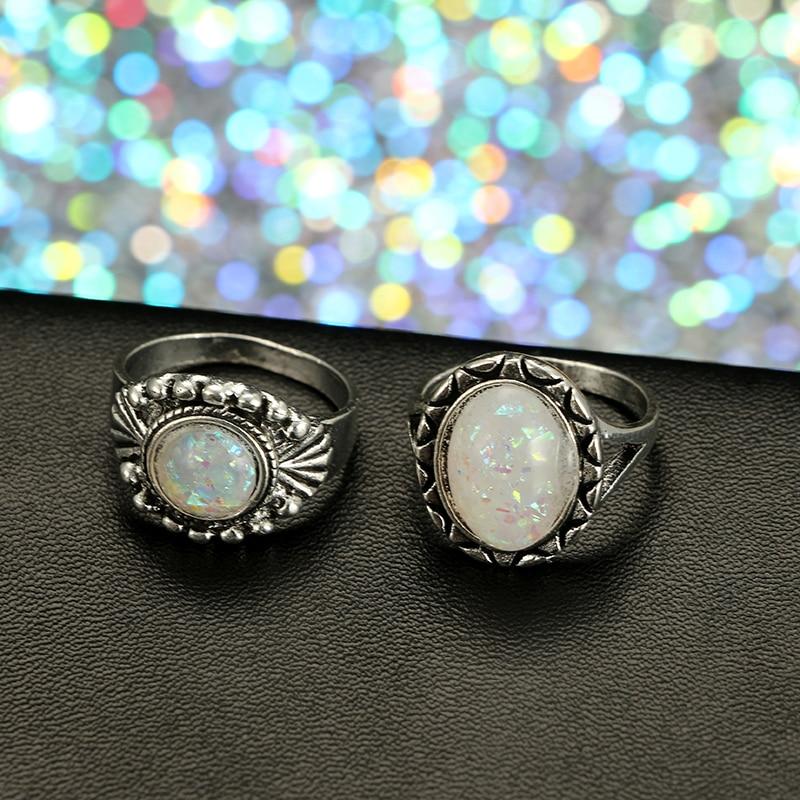 Buy Vintage Antique Silver Color Rings Sets Colorful Opal Crystal Stone ...