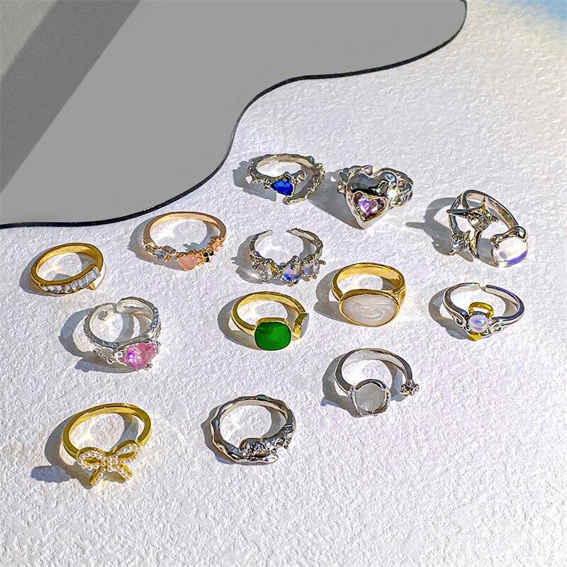 Buy Y2K Oil Drip Rings Set Kpop Geometric Crystal Rings Heart Angle ...