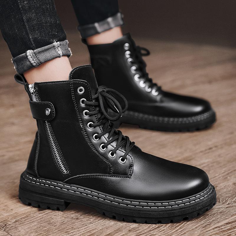 Buy Retro Classic Black Men's Shoes Leather Martin Boots High Top Side ...