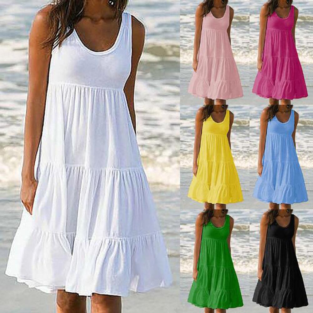 Buy Women Pleated Sundress Midi Dress Solid Color Sleeveless Summer ...
