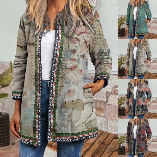 Buy Coat Women Casual Loose Jacket Ladies Vintage Coat Multi-pattern ...